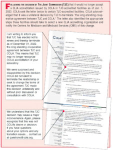 Joint Commission Will Not Accept COLA Accreditation